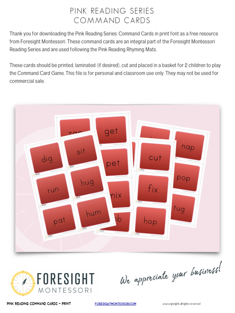 Pink Reading Command Cards Print Foresight | PDF