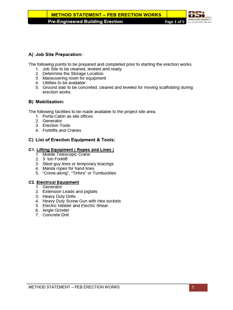 Method Statement PEB | PDF | Crane (Machine) | Scaffolding