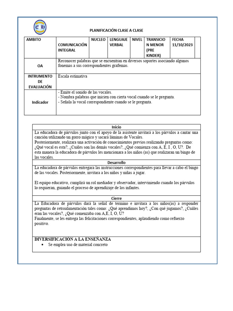 Planificaciã - N Clase A Clase | PDF | Educación de la primera infancia | Aprendizaje