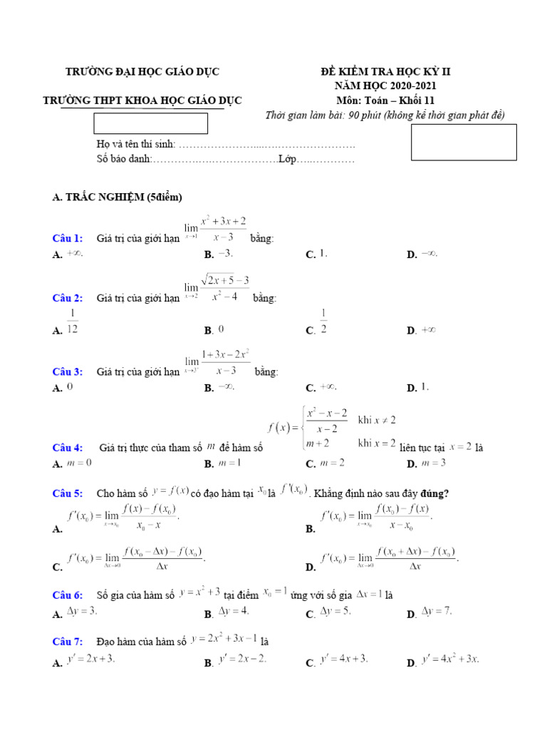 DE 235 HKII Toán 11 2020 2021 | PDF