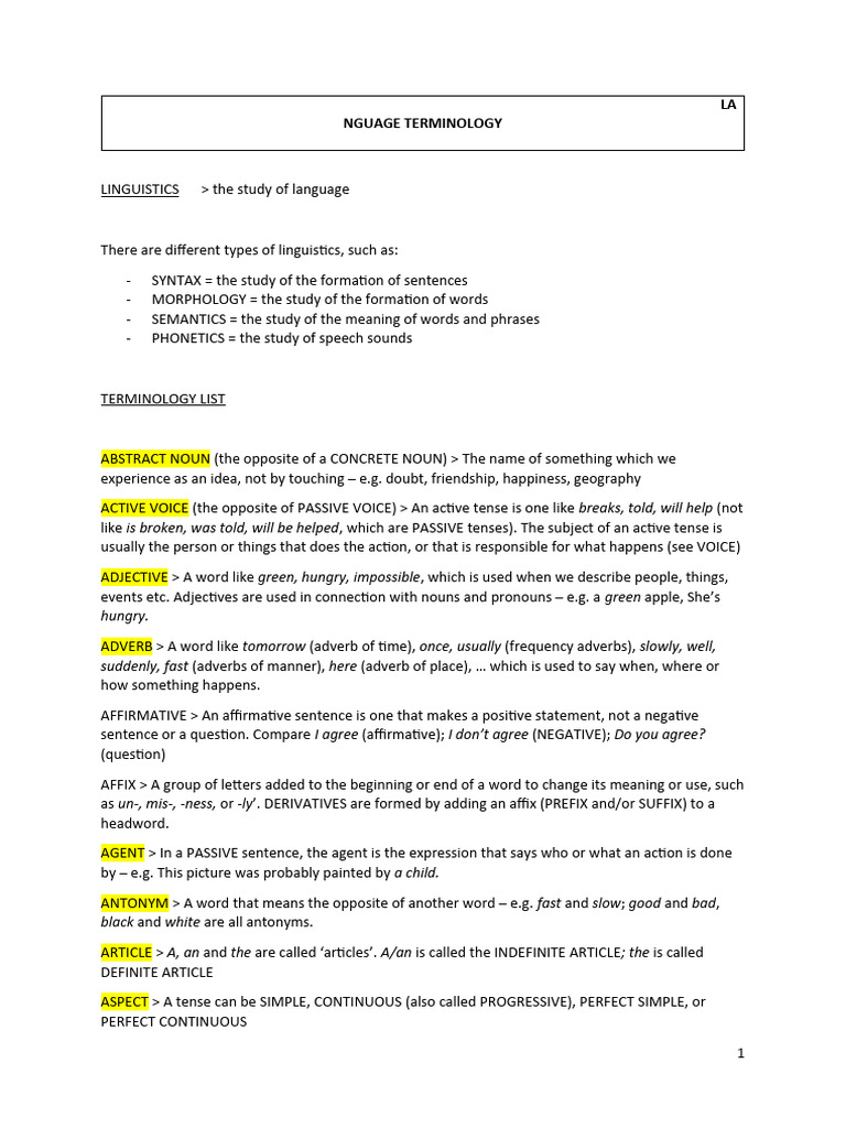 Language Terminology | PDF | Verb | Grammatical Tense
