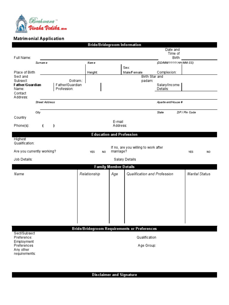 Matrimonial Application Form Template | PDF | Marriage, Unions And ...