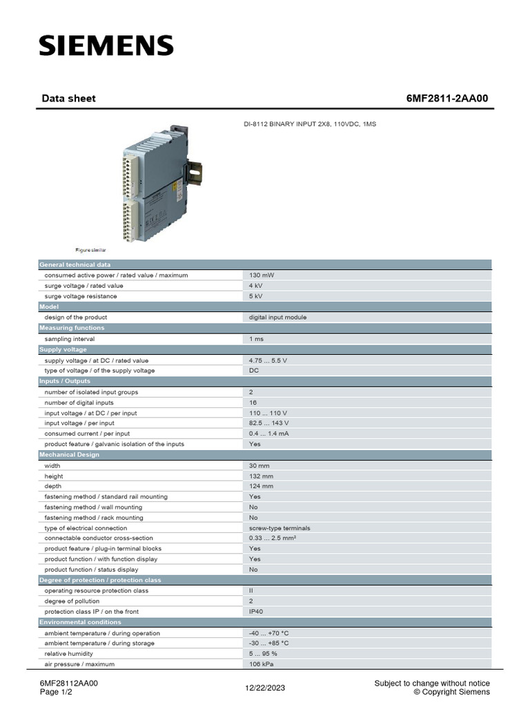 6MF28112AA00 DI Module | PDF | Voltage | Direct Current