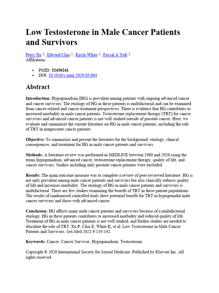 Low Testosterone in Male Cancer Patients and Survivors | PDF