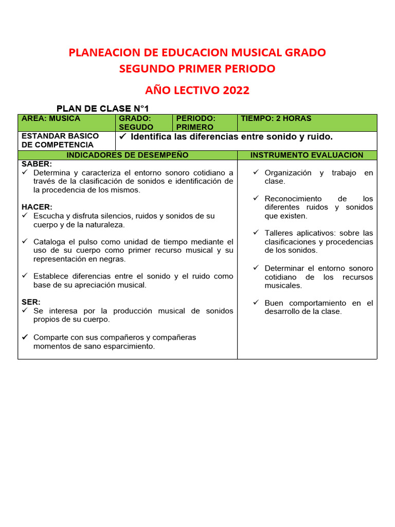 Planeacion de Educacion Musical Grado Segundo Primer Periodo | PDF | Canciones | Sonido