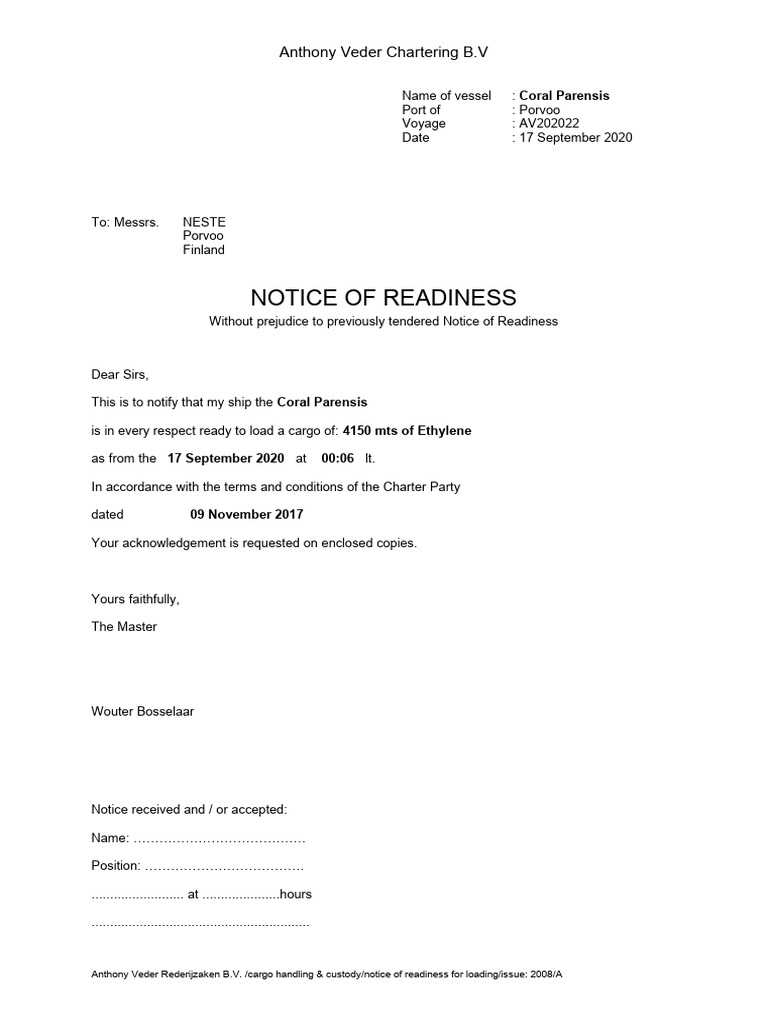 Coral Parensis Ethylene Loading Notice | PDF