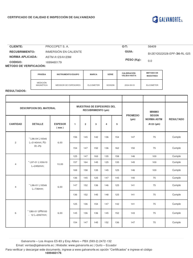 Certificado Galvanizado en Caliente - 56409 (B) 2 | PDF