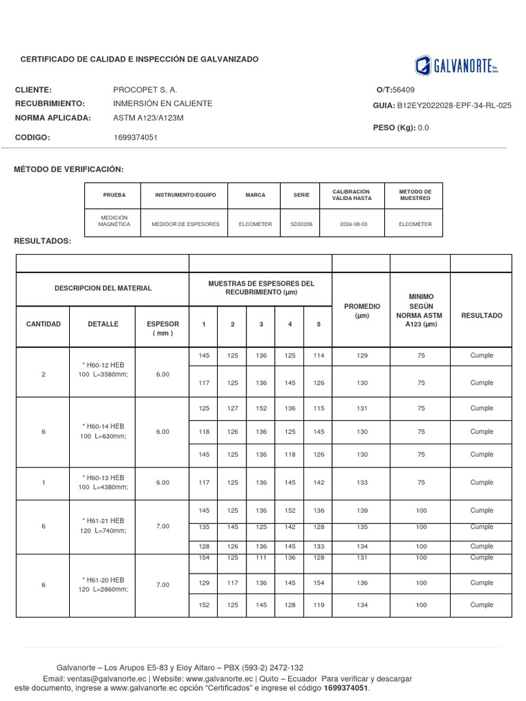 Certificado Galvanizado en Caliente - 56409 (C) 3 | PDF