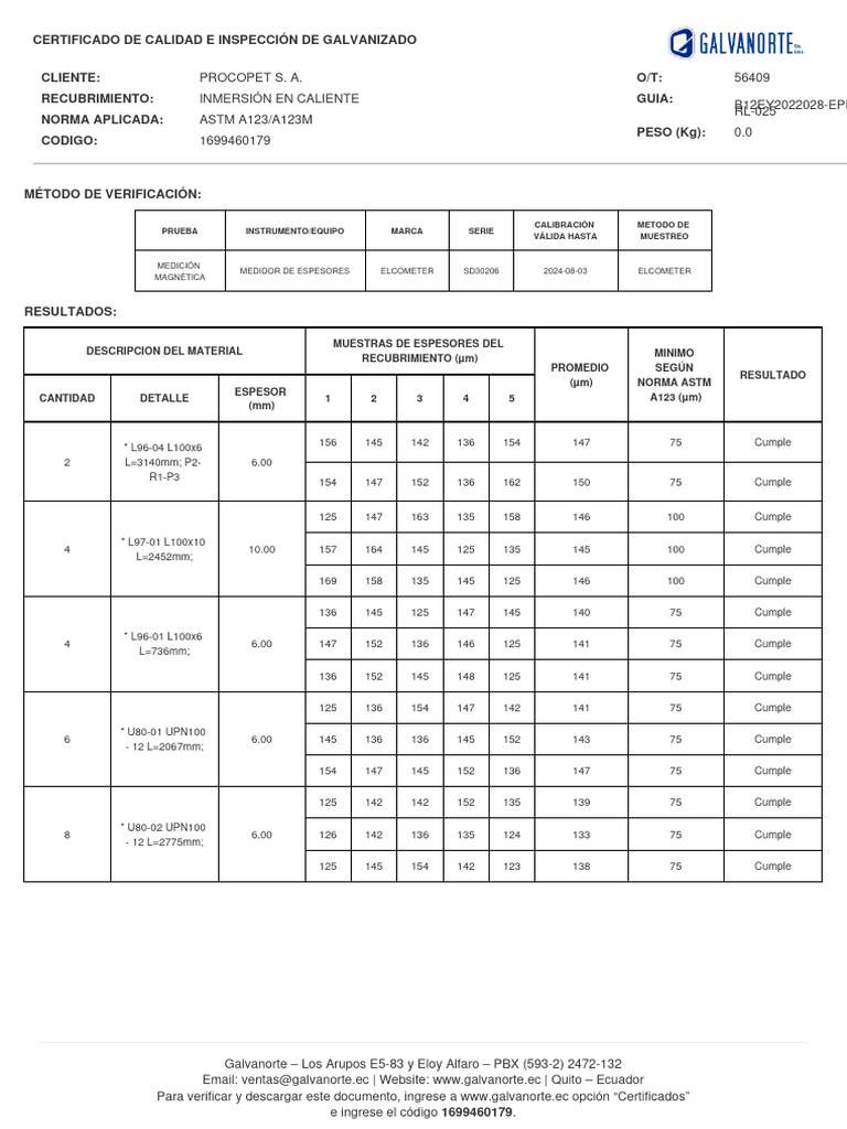 Certificado de Calidad Galvanizado 56409 | PDF