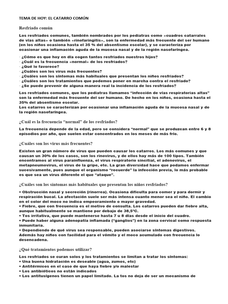 TEMA DE HOY; EL CATARRO COMÚN | PDF | Resfriado comun | Epidemiología