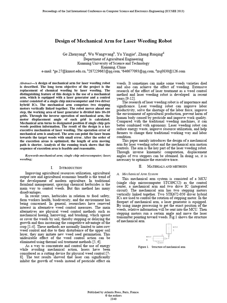 Mechanical Arm Design for Laser Weeding | PDF