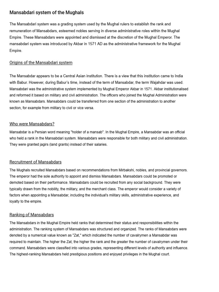 Overview of Mughal Mansabdari System | PDF | Mughal Empire