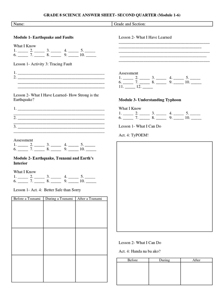 Grade-8-Science-2nd-Quarter-Answer-Sheet | PDF | Earthquakes | Geophysics