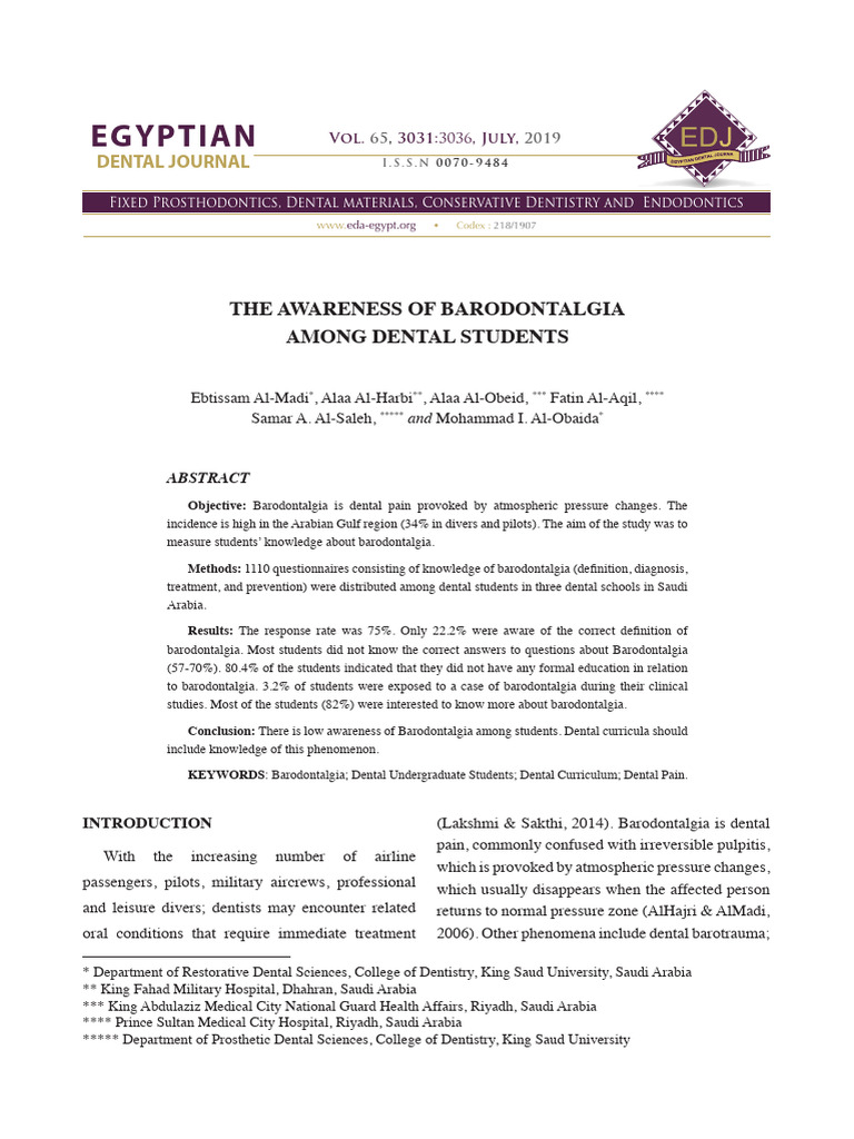 The Awareness of Barodontalgia Among Den | PDF | Dentistry | Medical ...