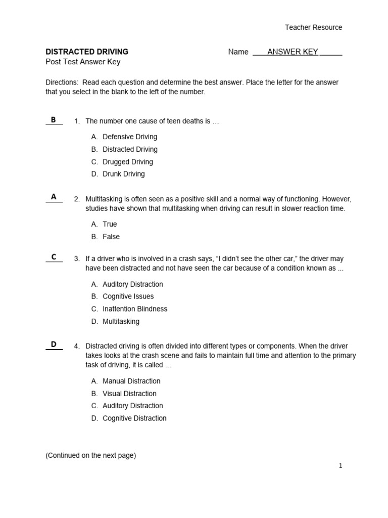4 Distracted Driving Post Test Answer Key | PDF | Attention ...