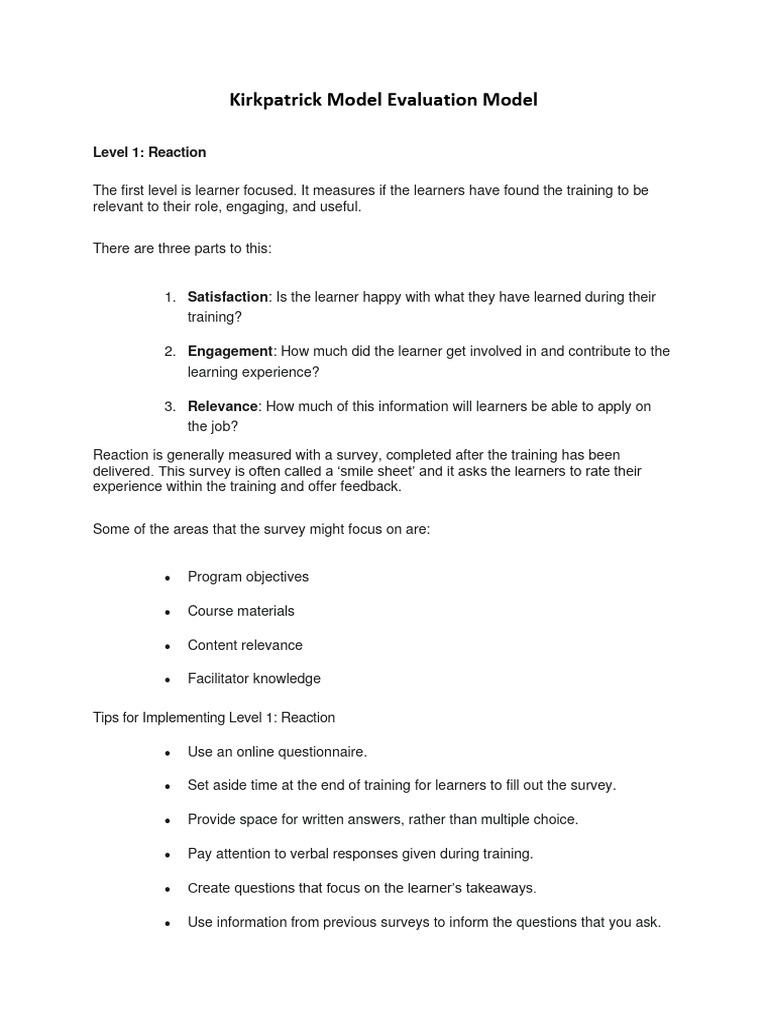 Kirkpatrick Model Evaluation Model | PDF