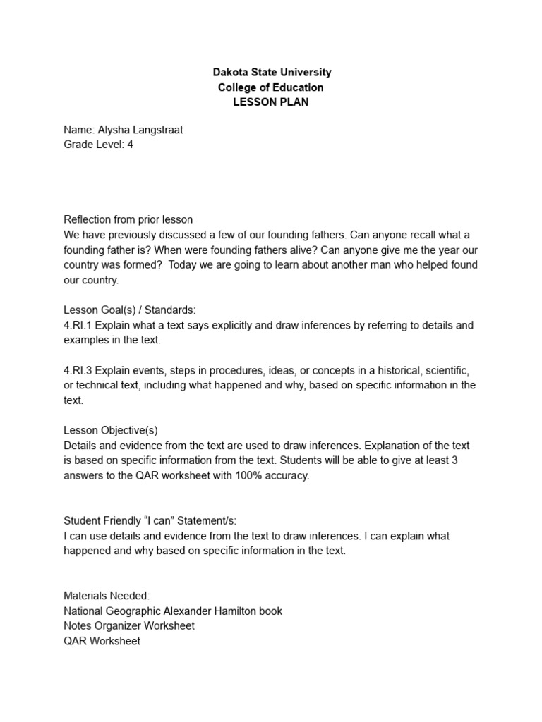 Alysha Langstraat Eled 456 Reading Comprehension Lesson - Dsu Lesson ...