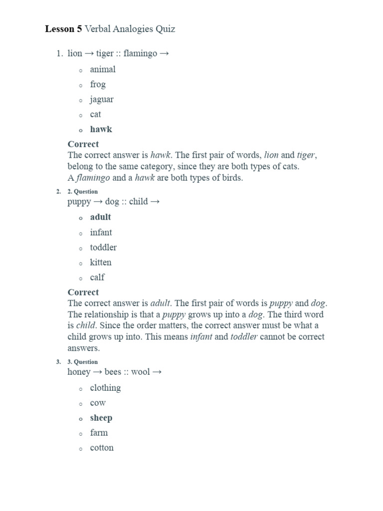 Lesson 5 Verbal Analogies Quiz | PDF | Water | Trees