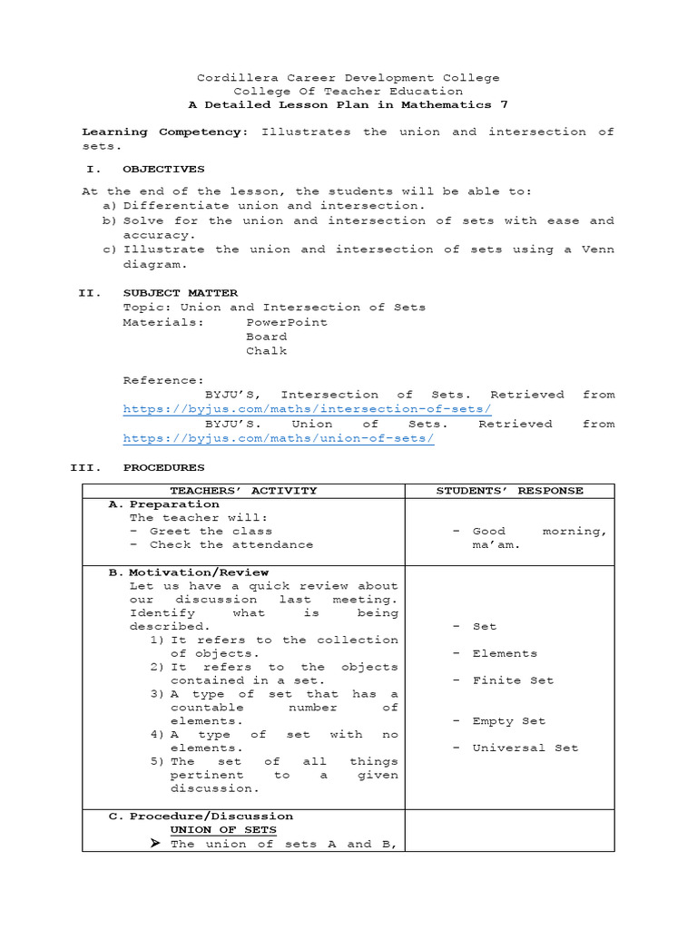 Lesson Plan: Union & Intersection of Sets | PDF | Set (Mathematics) | Logic