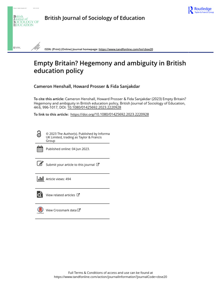 Empty Britain Hegemony and Ambiguity in British Education Policy | PDF | Discourse | Hegemony