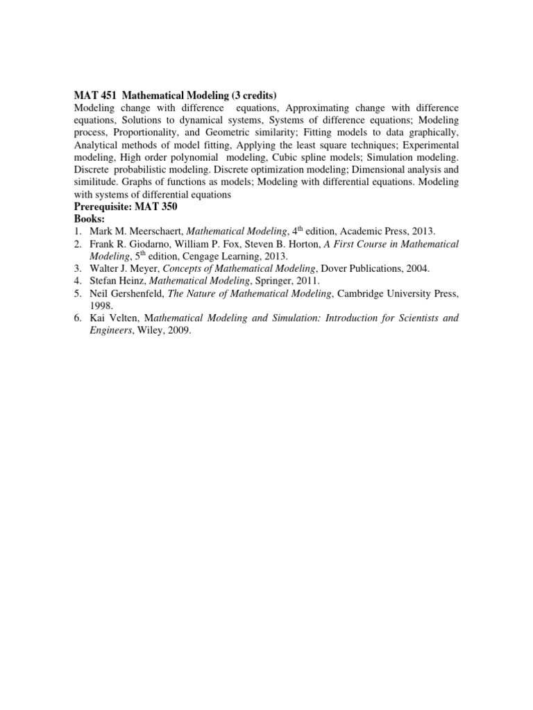 MAT 451 Mathematical Modeling | PDF | Teaching Methods & Materials