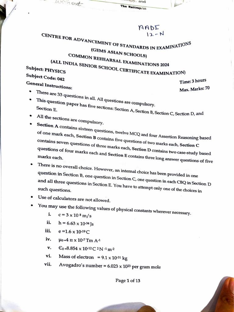 Phy Pre Board | PDF | Diffraction | Electrodynamics