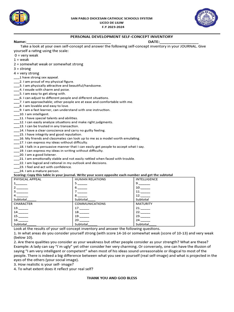 GR 11-Perdev Self Concept Inventory | PDF | Self Concept | Behavioural ...