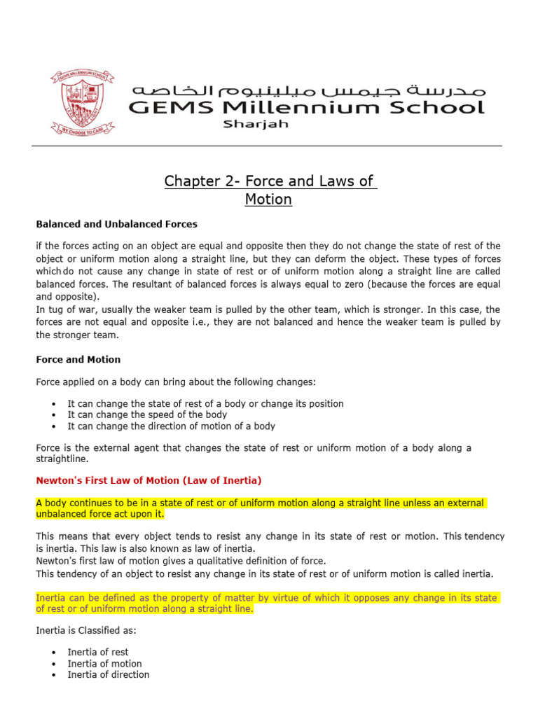 Notes - Force and Laws of Motion | PDF | Force | Momentum