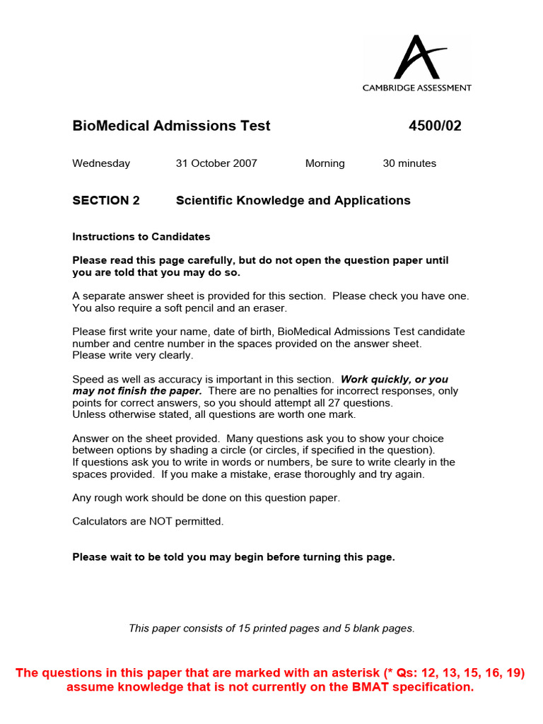 BMAT Past Paper 2007 Section 2 | PDF
