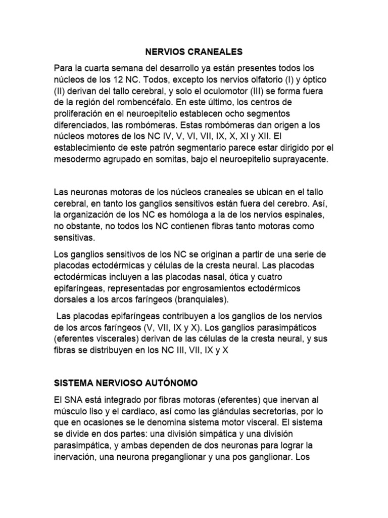Desarrollo de Nervios Craneales y SNA | PDF | Sistema nervioso | Nervio