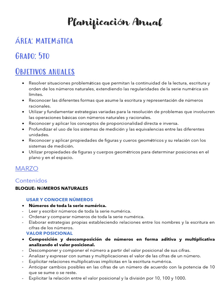 Planificacion Anual Matemática Quinto Ok | PDF
