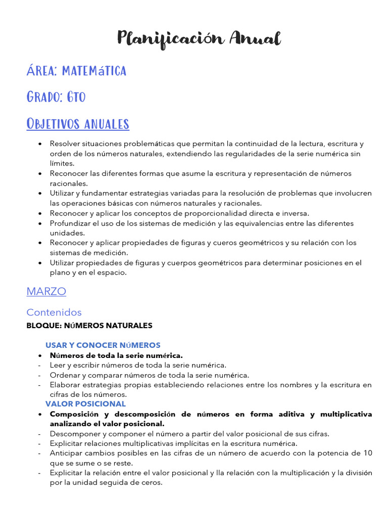 Planificacion Anual Matemática Sexto Pdf División Matemáticas 1361