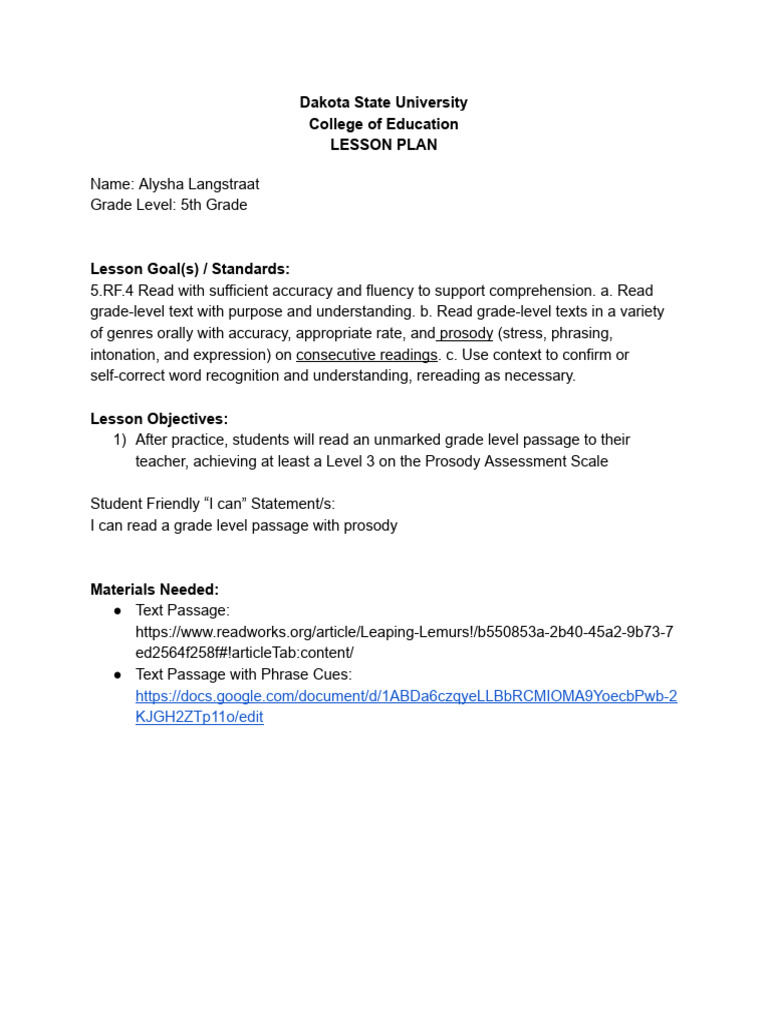 Eled 456 Fluency Multi-Day Lesson With Assessment Dsu Lesson Plan ...