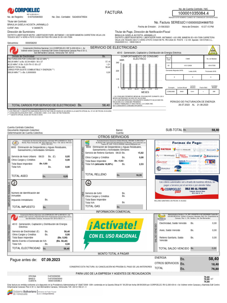 Fatura de Luz Corpoelec - Agosto 2023 | PDF