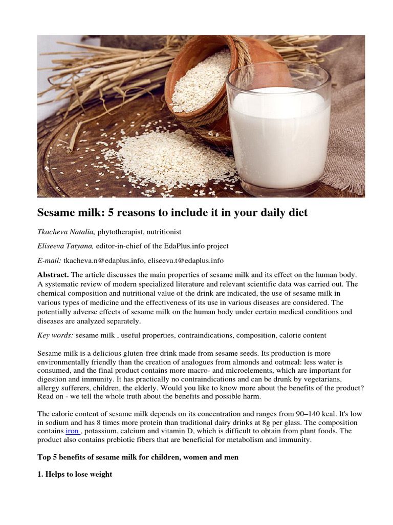 Benefits and Risks of Sesame Milk | PDF | Dietary Fiber | Diet & Nutrition