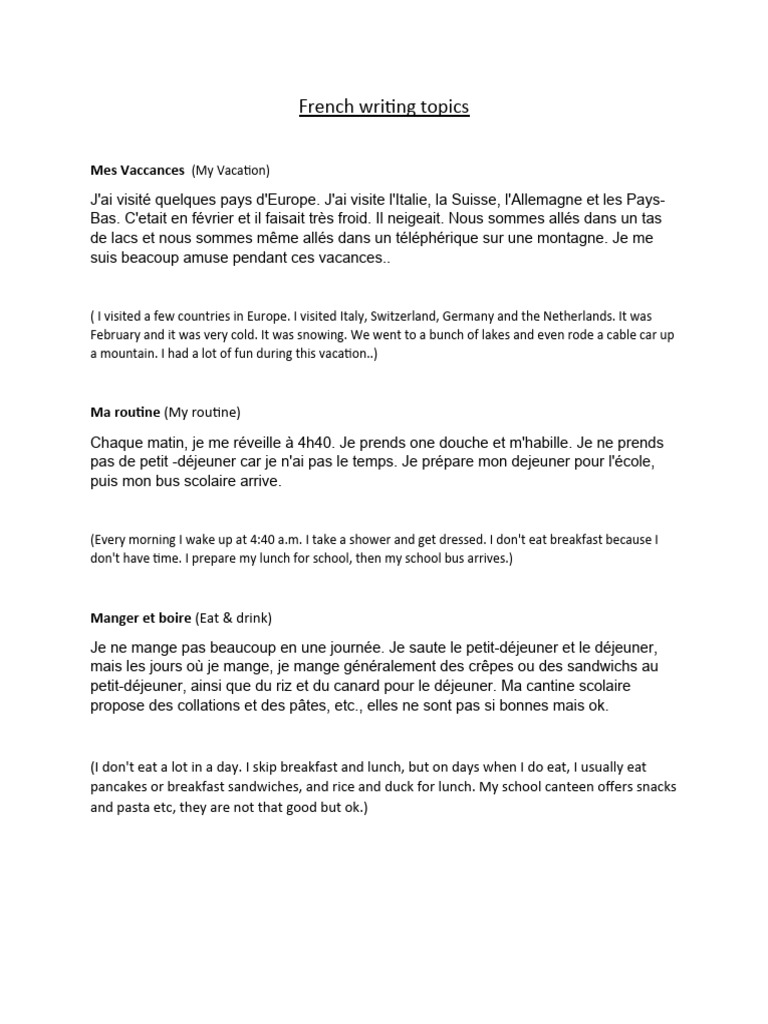 French Writing Topics | PDF | Livres de cuisine, nourriture et vin | Poésie