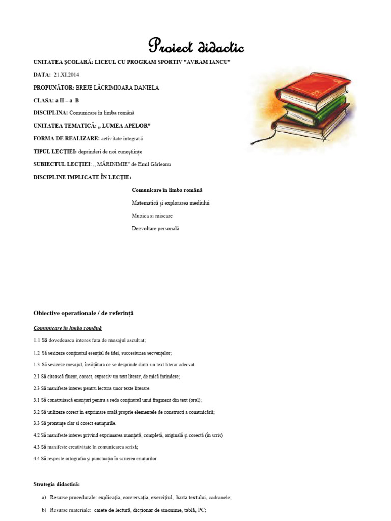 Proiect Didactic CLR Lecturamarinimie de Emil Garleanu | PDF