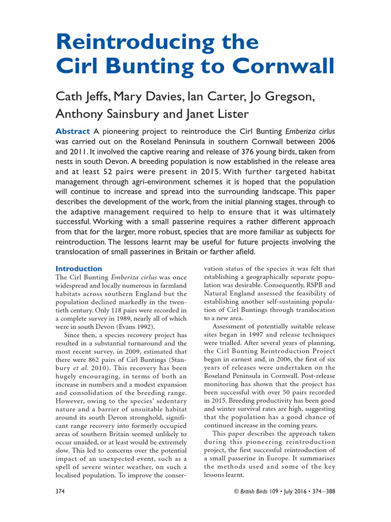 Reintroduction of Cirl Bunting | PDF | Birds | Ornithology