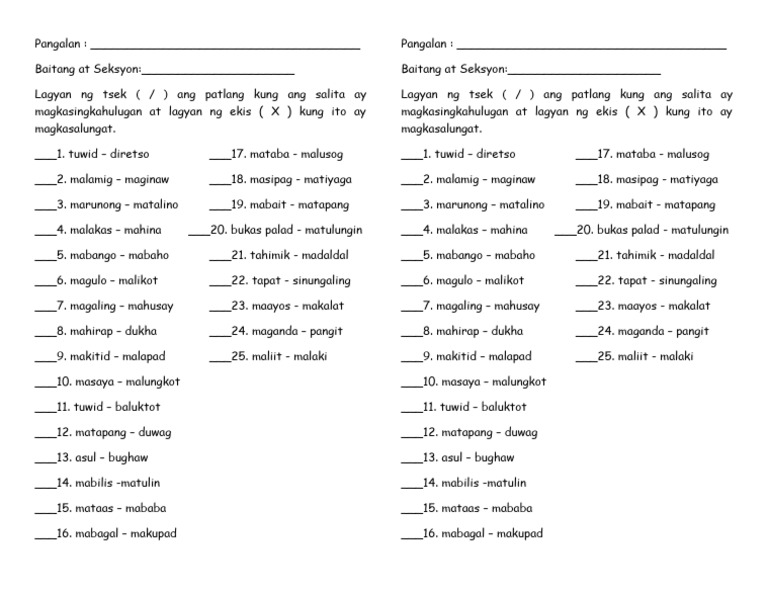 Magkasalungat Magkasing Kahulugan Worksheet | PDF