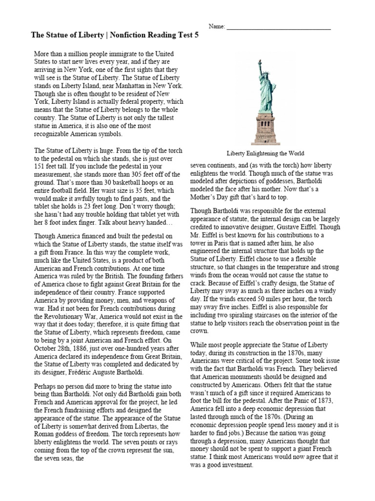 Statue of Liberty Nonfiction Test 5 | PDF | Travel | Art