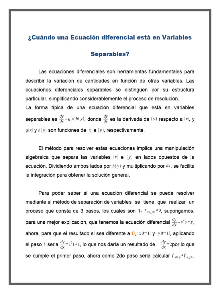 Ecuaciones Diferenciales Variables Separables Pdf
