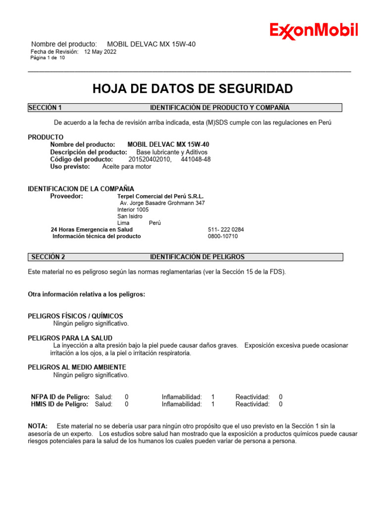 Msds-Cl-Aceite Mobil Delvac MX 15W40 | PDF