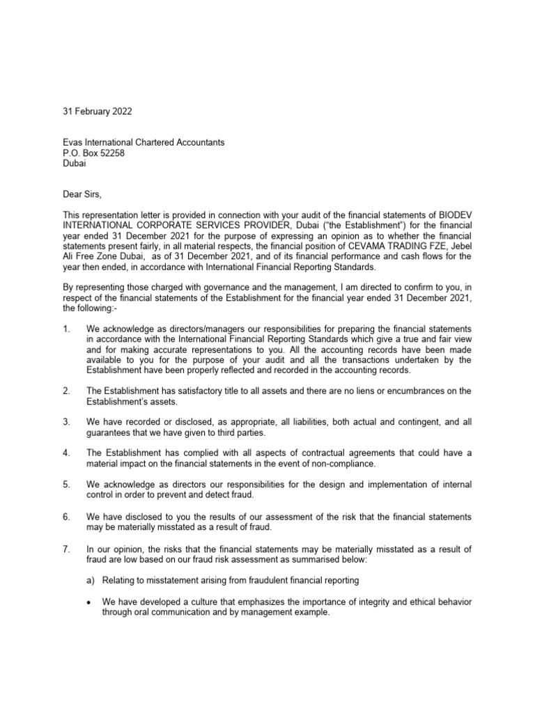 Representation Letter - 2020 2 | PDF | Financial Statement | Internal ...