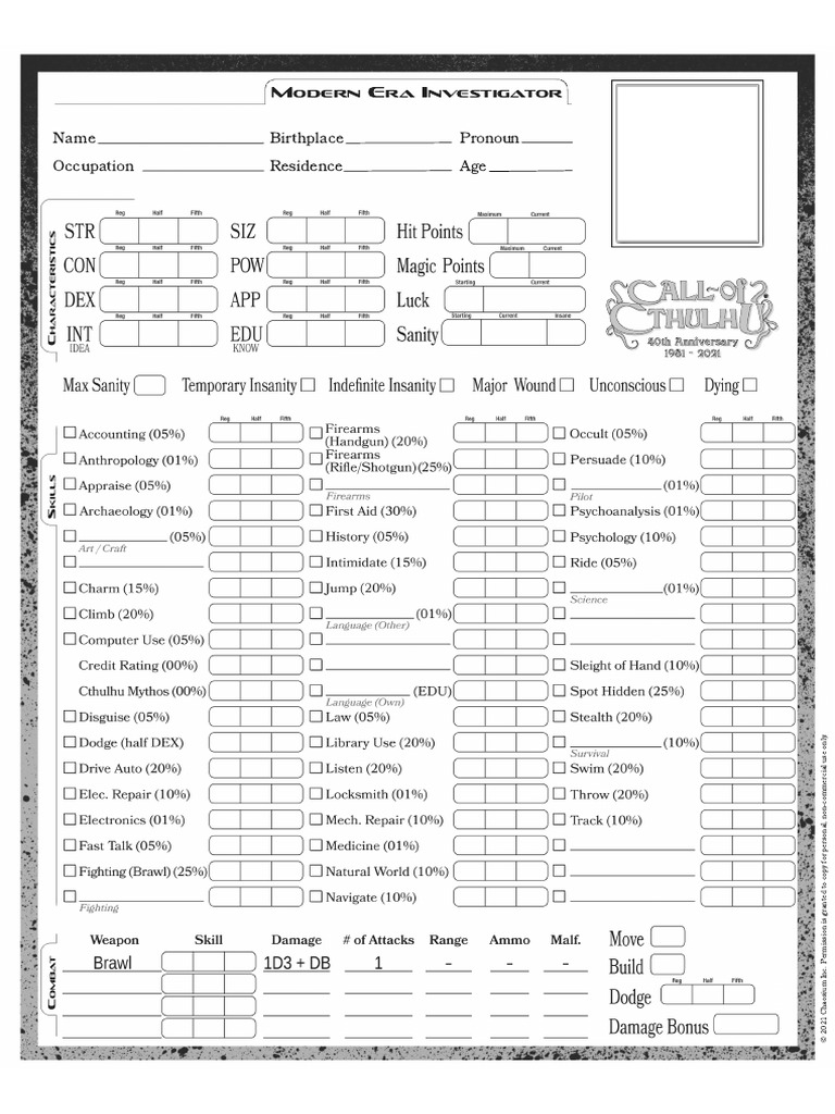 CoC7 PC Sheet - Auto-Fill - Modern - Standard - Grayscale | PDF