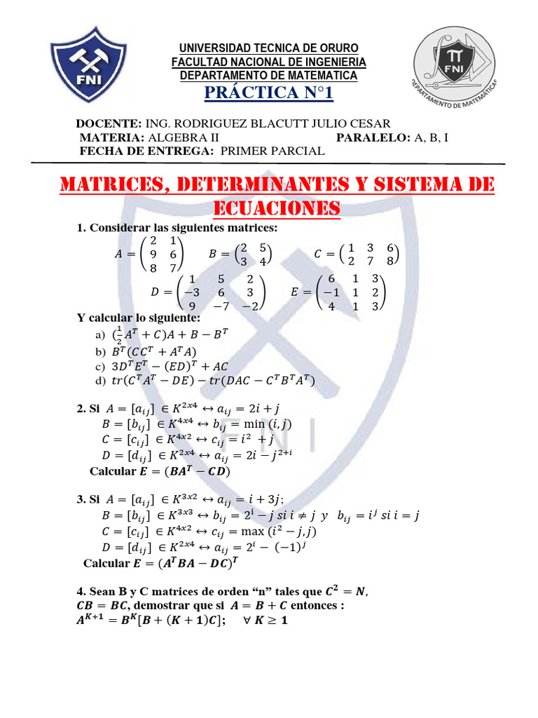 Practica 1 Mat 1103 A, B, I | PDF | Matriz (Matemáticas) | Determinante