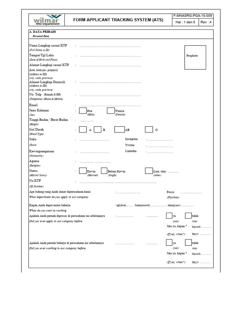 New Form ATS - Wilmar Grup | PDF