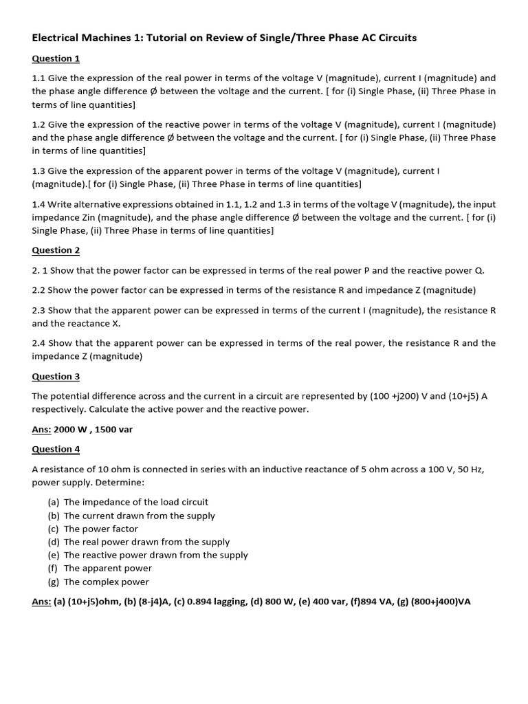 1 Final Tutorial On Review Of Single Three Phase Ac Circuit Pdf