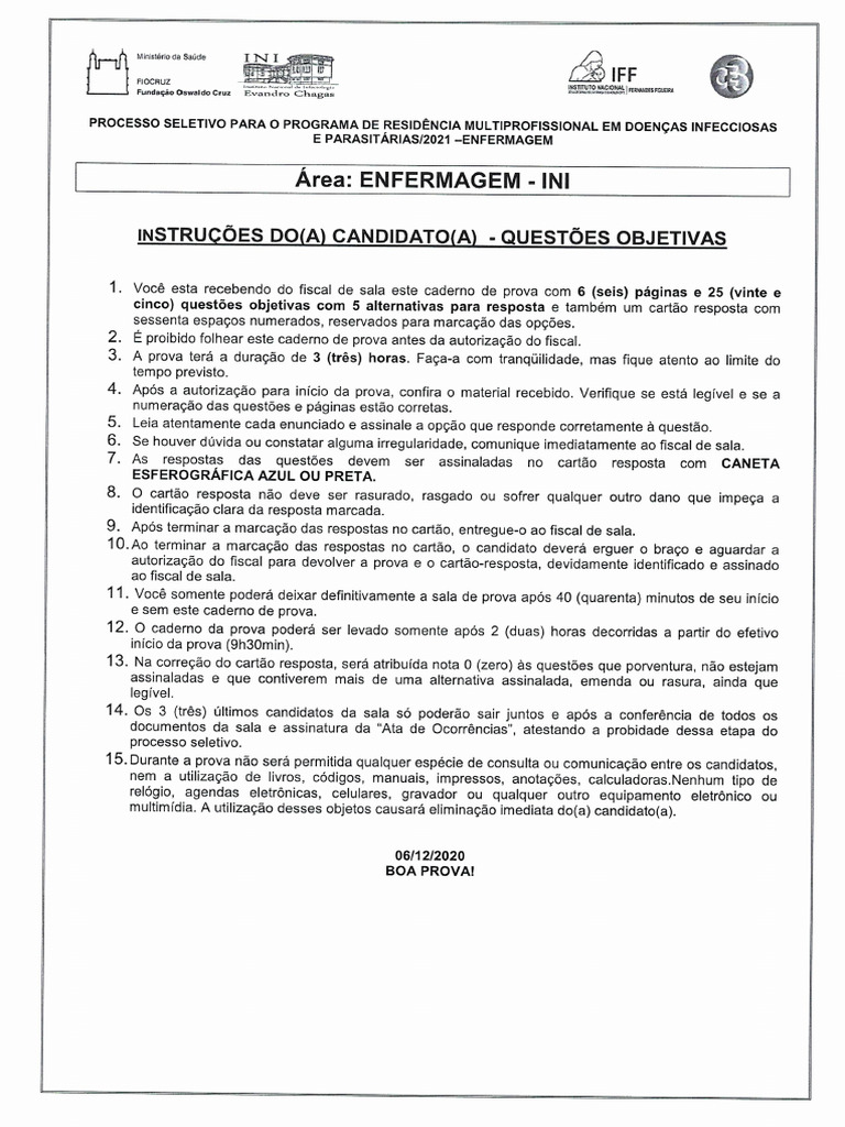 PROVA Residencia Multiprofissional INI 2021 | PDF