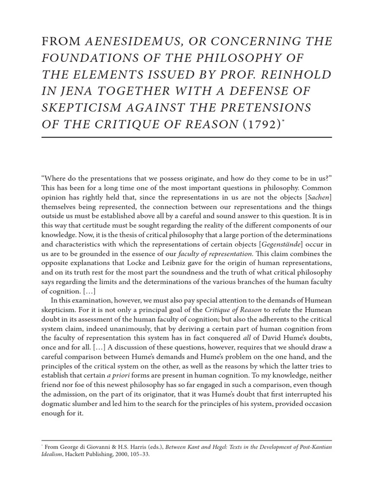 Idealismo Alemán (Reinhold, Kant, Schulze) | PDF | Reason | Knowledge