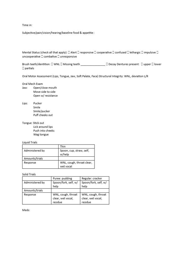 Bedside Swallow Evaluation Template | PDF
